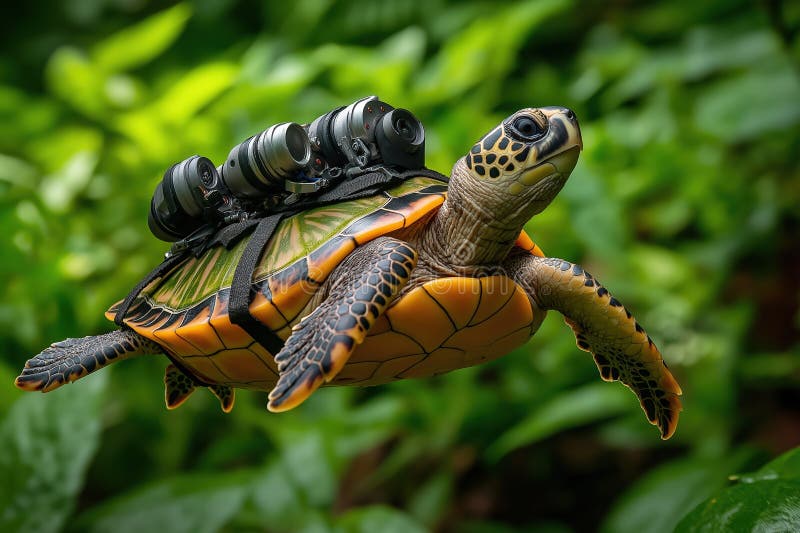 Sea Turtle Carrying Cameras Flying in Tropical Rainforest Stock ...
