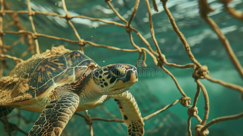Sea Turtle Caught in Fishing Net Stock Photo - Image of loggerhead ...