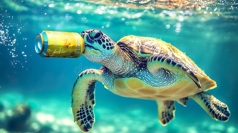 Sea Turtle Eating Can Trash Pollution in Ocean Environment Problem ...