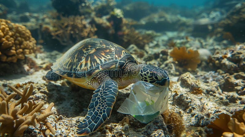 Sea Turtle Eating Plastic Bag Stock Illustration - Illustration of ...
