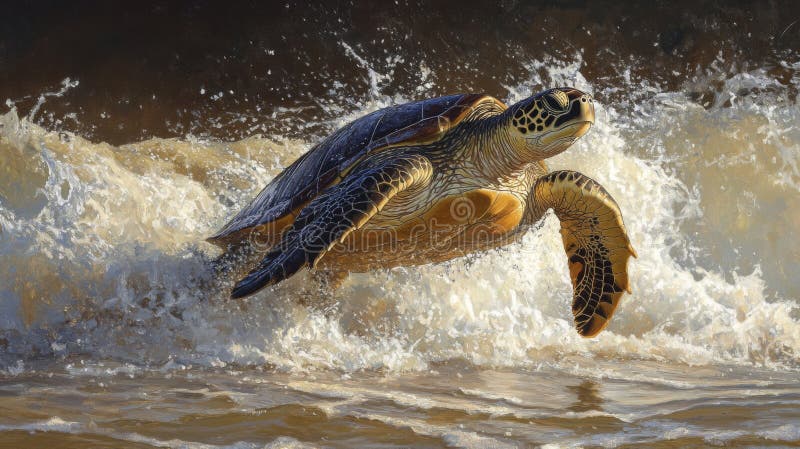 Sea Turtle Emerging from Ocean Wave Stock Illustration - Illustration ...