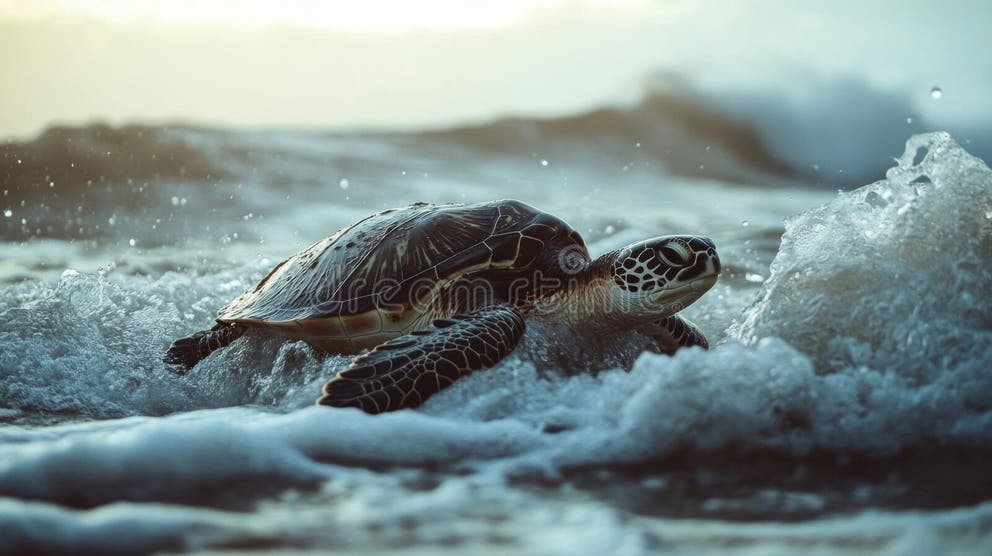 Sea Turtle Emerging from Ocean Waves Stock Illustration - Illustration ...