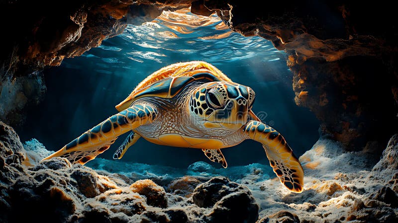Sea Turtle Emerging from Underwater Cave, Sunlit Stock Illustration ...