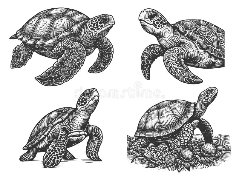 Sea Turtle Engraving Set Vector Collection Stock Vector - Illustration ...