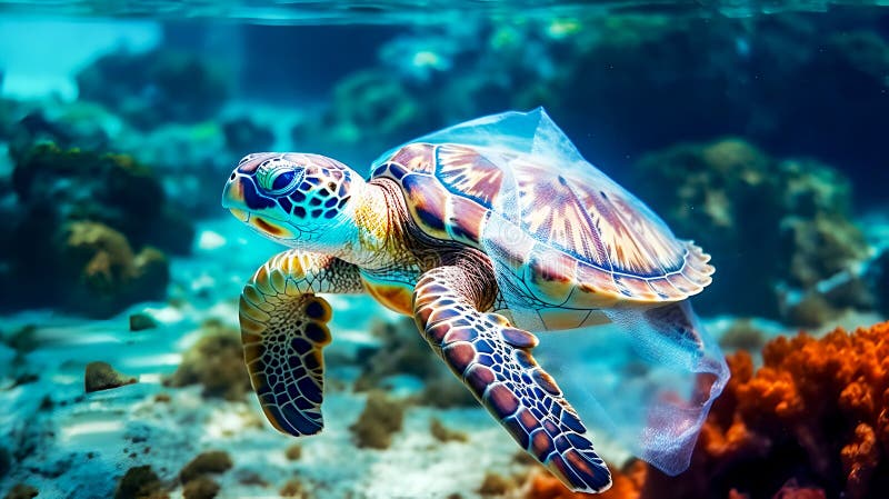 Sea Turtle Entangled of Plastic Bag Floating Up Over Coral Reef Stock ...