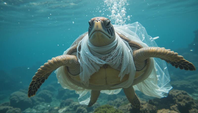Sea Turtle Entangled in Plastic Bag Underwater Pollution Stock Image - Image of environmental ...