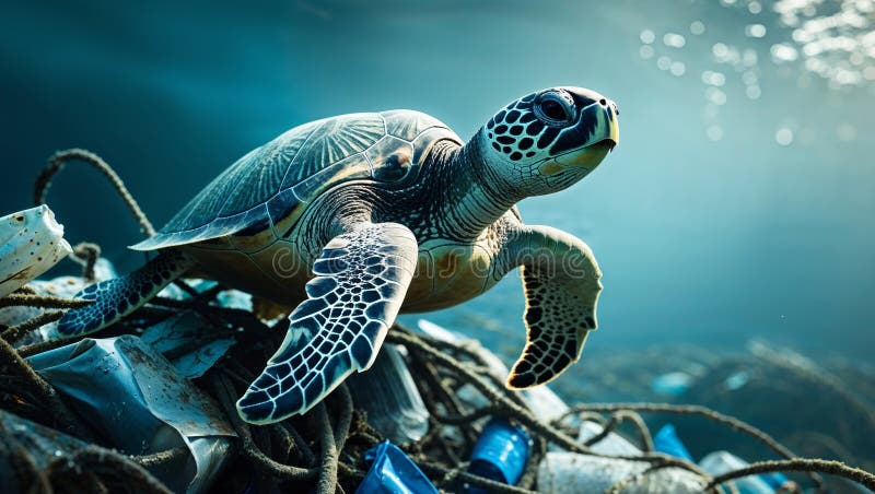 Sea Turtle Entangled in Plastic Pollution Underwater Stock Photo - Image of entangled, generated ...