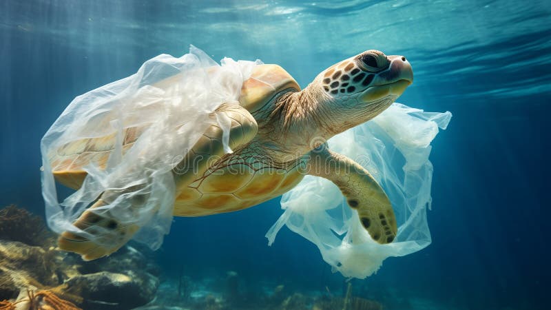 Sea Turtle Entangled in Plastic Underwater Stock Image - Image of ...