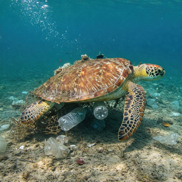 A Sea Turtle Entangled in Plastic Underwater. Stock Photo - Image of ...