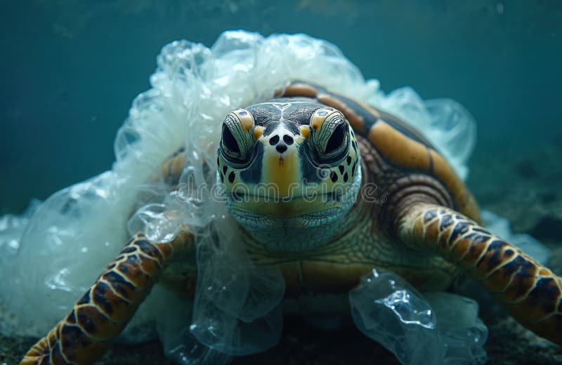 Sea Turtle Entangled Plastic Waste in Ocean. Marine Animal Faces ...