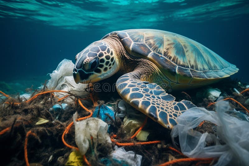 Sea Turtle Entangled: Stark Reminder of Marine Plastic Pollution Stock ...