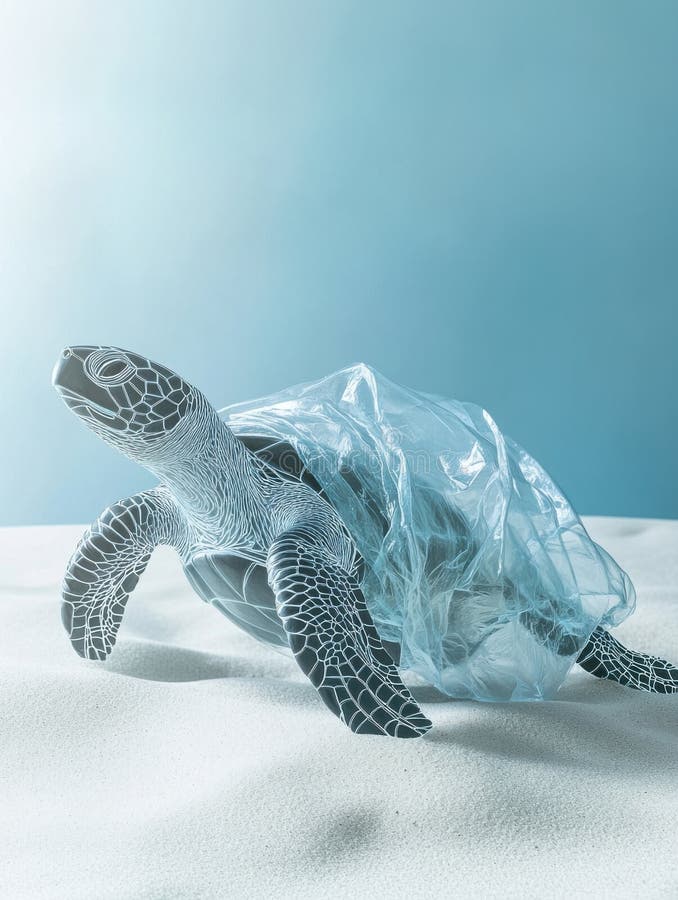 Sea Turtle Entangled in Translucent Plastic Bag on Sandy Beach. Environmental Awareness Stock ...
