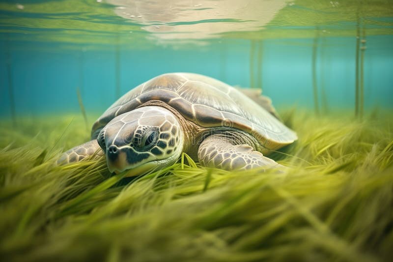 Sea Turtle Feeding on Seagrass Bed Stock Image - Image of turtle ...