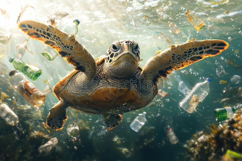 Sea Turtle Fights Move through Water As Its Flipper is Entangled in Six ...