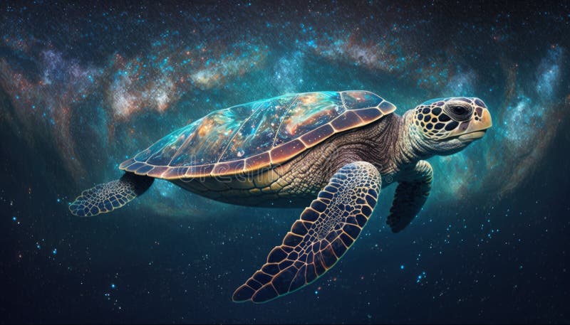 Sea turtle flying in space stock illustration. Illustration of glitter - 272094235