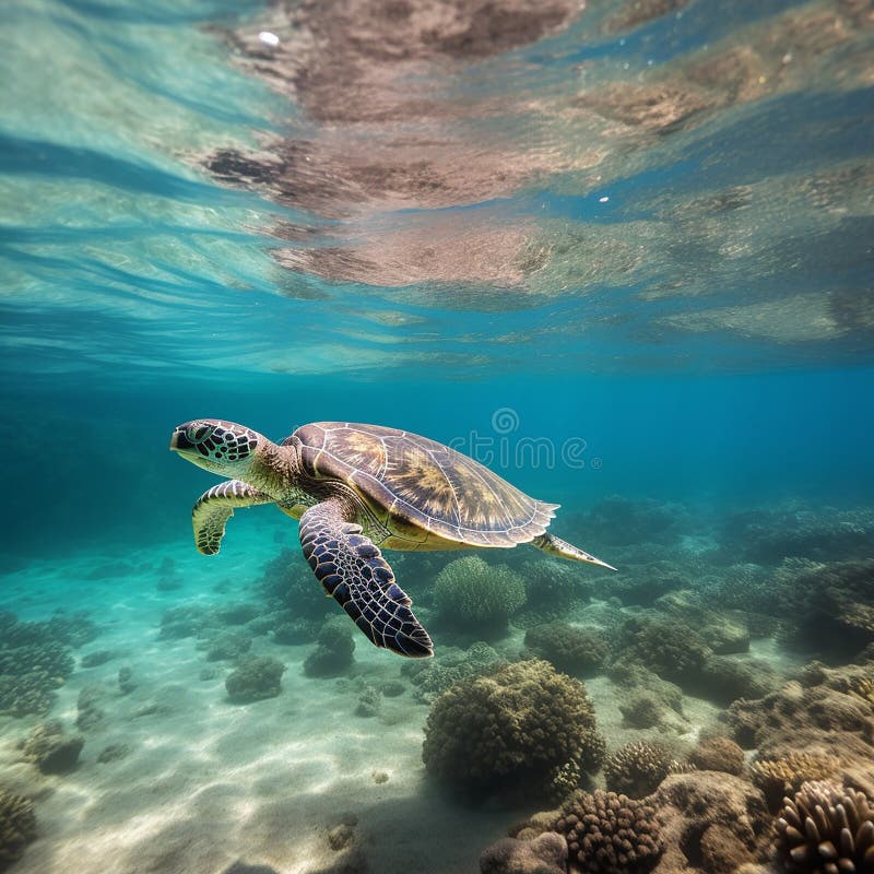 Sea Turtle Glides in Blue Ocean. Turtle Swim Underwater. Stock Photo ...