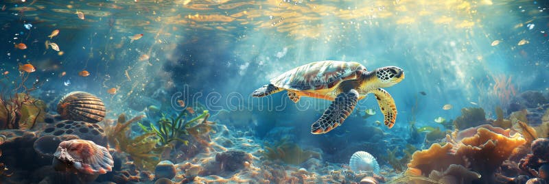 Sea Turtle Glides Over Colorful Seabed Filled with Shells, Corals and ...