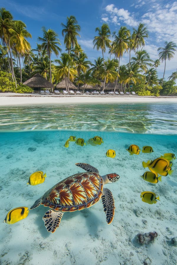 A Sea Turtle Glides Peacefully through Crystal-clear Water Surrounded ...