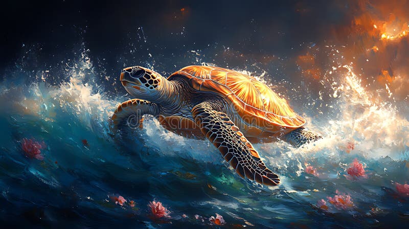 A Sea Turtle with a Glowing Shell Swims through a Wave at Sunset Stock ...