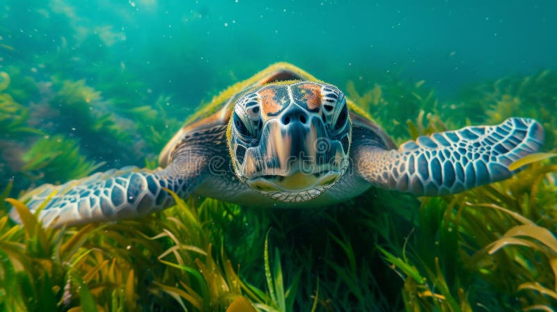 A Sea Turtle Gracefully Glides Underwater. Its Shell is Covered in ...