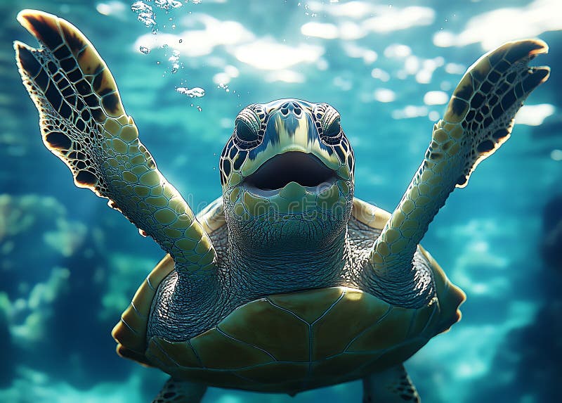 Sea Turtle Gracefully Swimming Underwater with Vibrant Sunlight ...