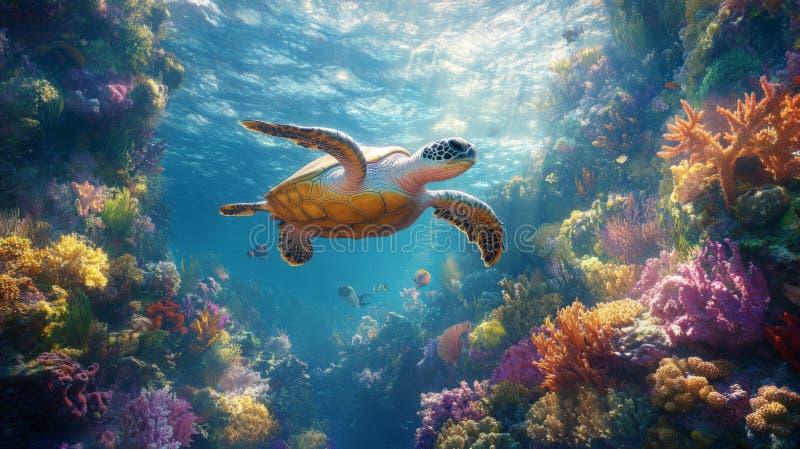 Sea Turtle Gracefully Swimming through Vibrant Coral Reef Stock ...