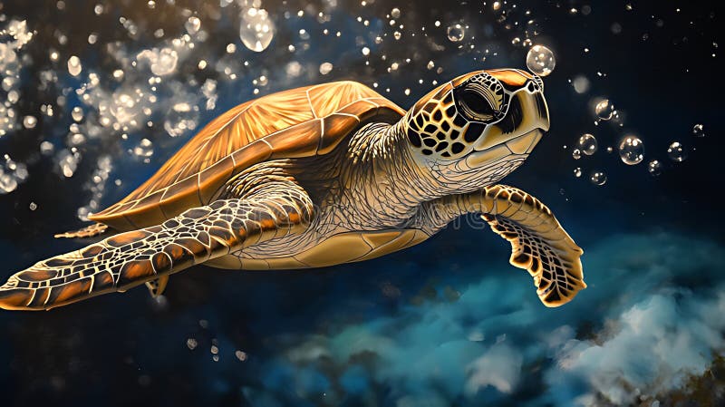A Sea Turtle Gracefully Swims Underwater, Surrounded by Bubbles Stock ...