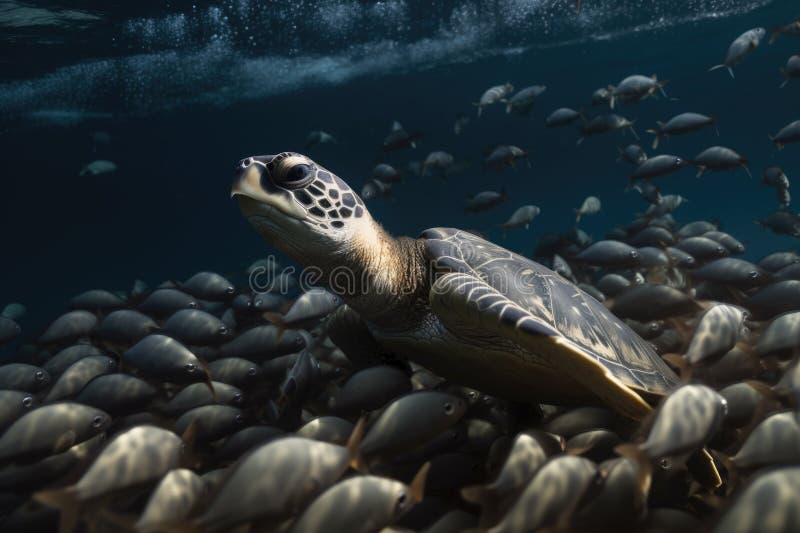 Sea Turtle Hatchling Swimming in the Ocean, Surrounded by Schools of ...