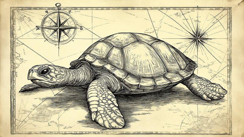 Sea Turtle Illustration, Antique Map, Compass, Nautical Design, Print ...