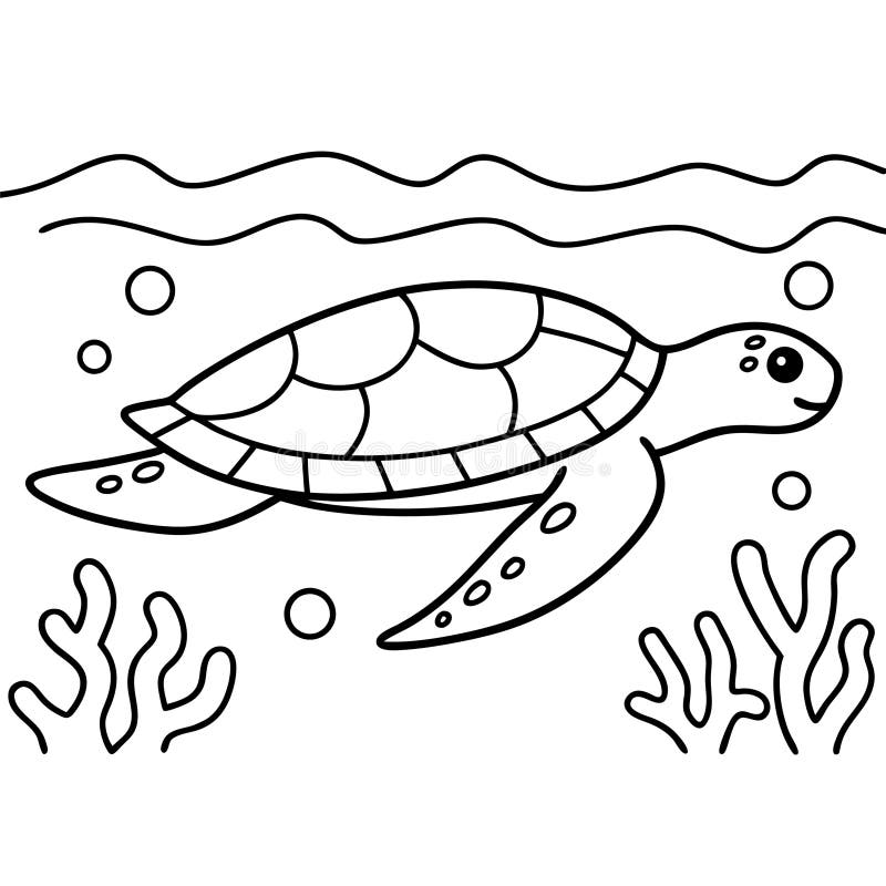 Sea Turtle Illustration with Ocean Waves, Coral and Bubbles in Marine ...
