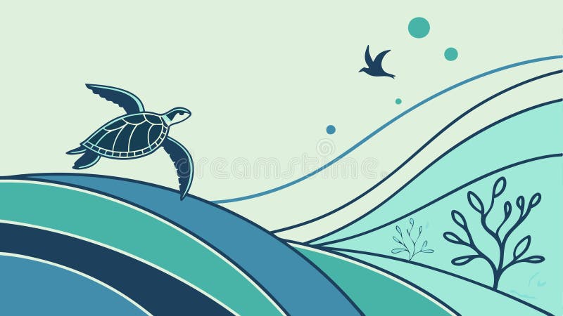 Sea Turtle Illustration with Ocean Waves for Marine Life and Nature ...