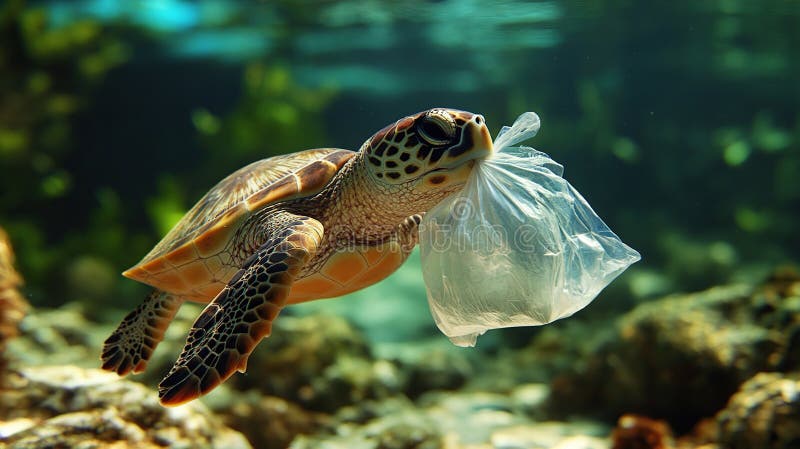 Sea Turtle Ingesting Plastic Bag Underwater Ocean Pollution Stock ...