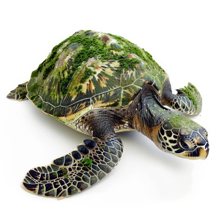 A Sea Turtle with Its Shell Covered in Algae, Isolated on White ...