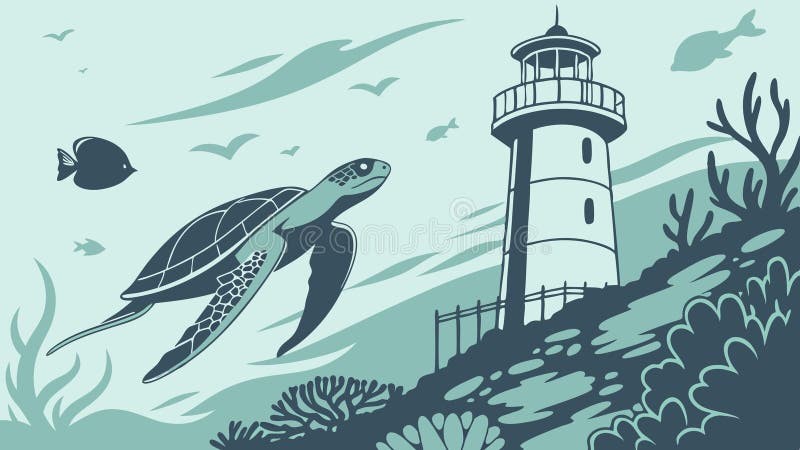 Sea Turtle and Lighthouse on Ocean Coast, Vector Design Generative AI ...