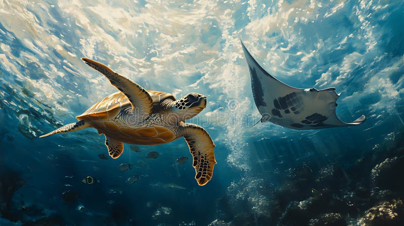 Sea Turtle and Manta Ray Swimming Underwater Stock Illustration ...