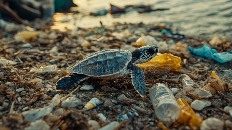 Sea Turtle Navigating a Beach Littered with Plastic Waste Stock Image ...