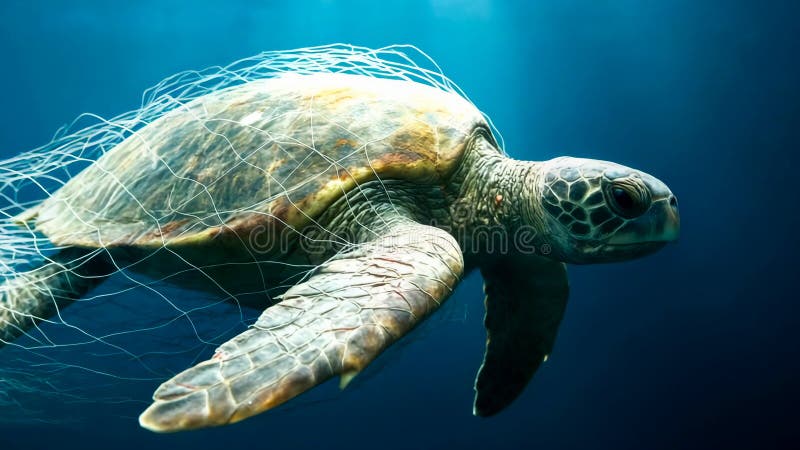 Sea Turtle Navigating through Ocean with Entangled Netting Encounters ...