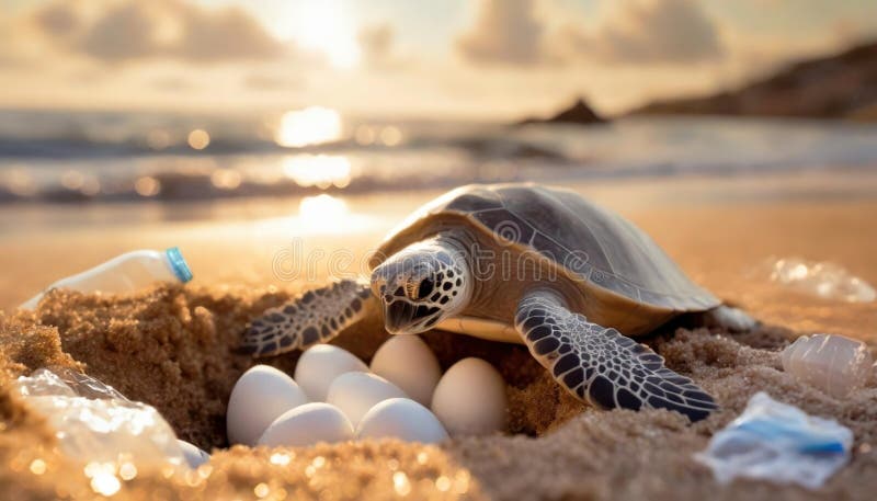 Sea Turtle Nesting on a Polluted Beach at Sunset. a Sea Turtle is Seen ...