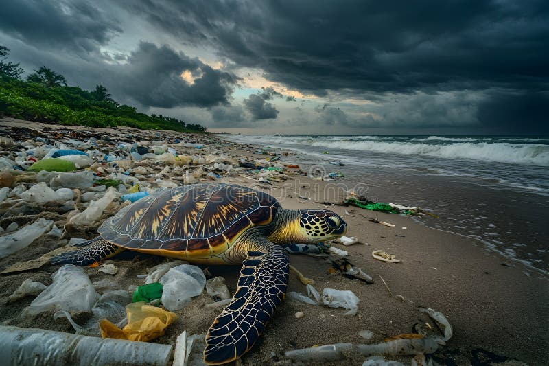 Sea Turtle among Ocean Litter on Polluted Beach Under Stormy Sky Stock ...