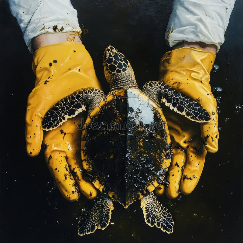 Sea Turtle in Oil in the Hands of a Conservationist in Rubber Gloves ...