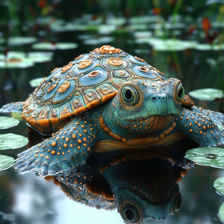 A Sea Turtle with a Patterned Shell, Floating on Water Surrounded by ...