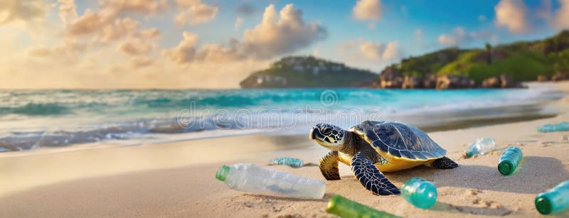 Sea Turtle among Plastic Bottles on Sandy Beach. Reptile Navigates ...