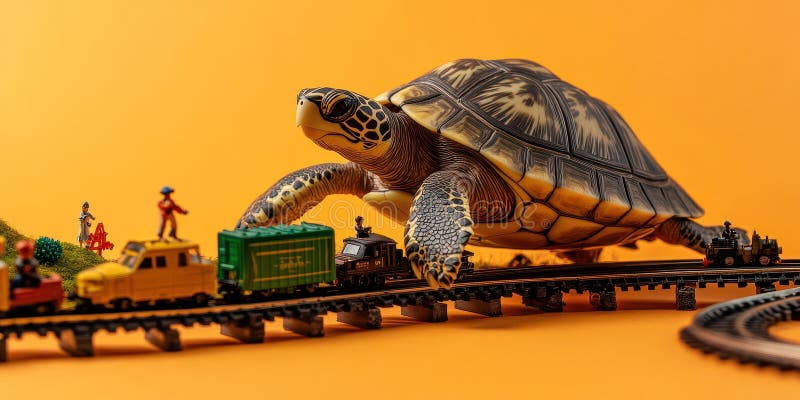 Sea Turtle Playing with Model Train on Vibrant Background Stock ...