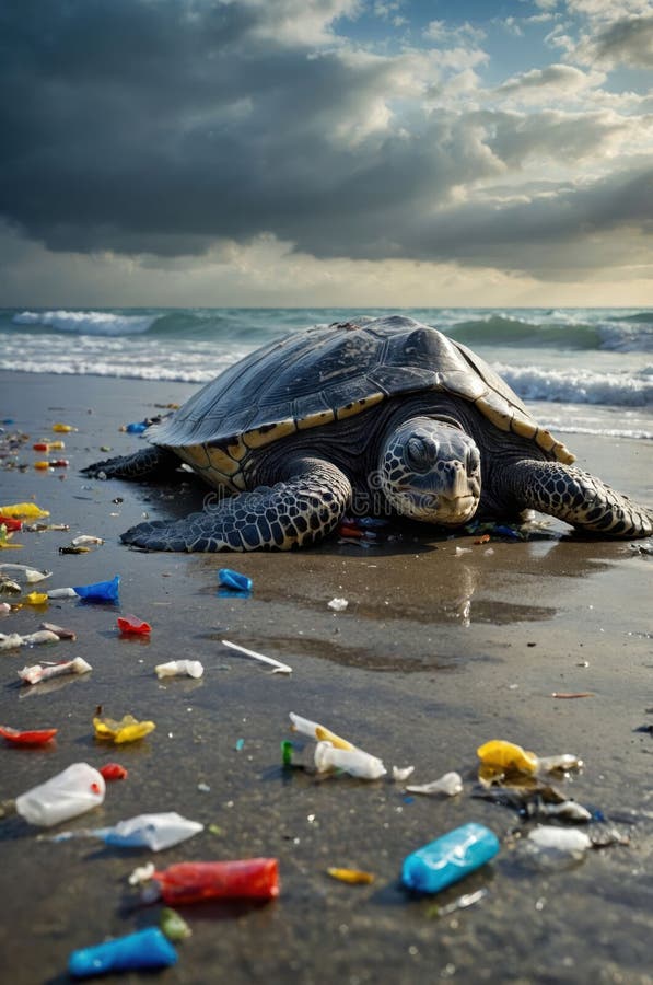 Sea Turtle on a Polluted Beach: a Symbol of Environmental Crisis Stock ...