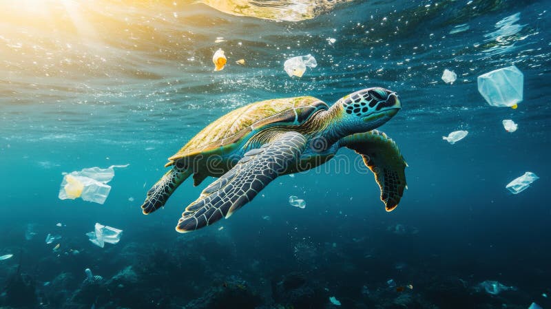 Sea Turtle Pushing through Plastic Waste, Showcasing Impact of Human ...