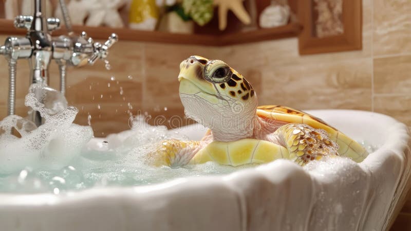 Sea Turtle Relaxing in Bathtub with Bubbles in Bathroom Setting Stock ...