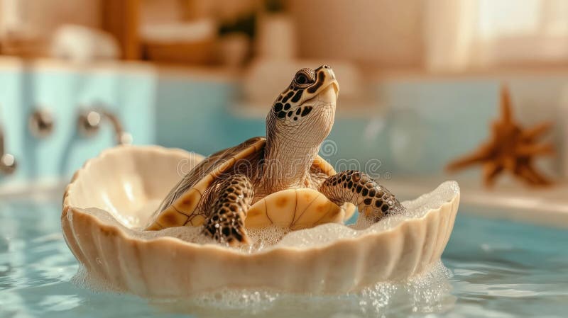 Sea Turtle Relaxing in Bathtub with Bubbles on Seashell Stock Image ...