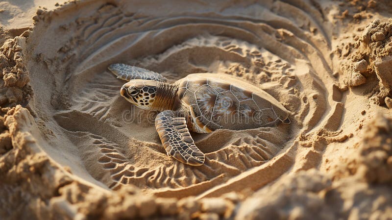 Sea Turtle Resting in a Sand Pit with Patterned Trails on a Sunny Beach ...