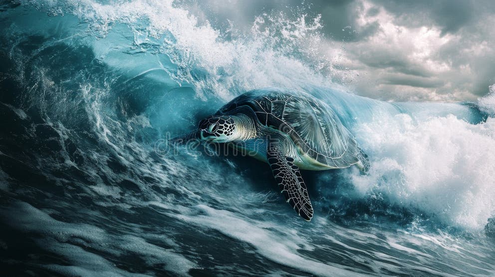 Sea Turtle Riding a Powerful Wave in a Stormy Ocean Stock Illustration ...