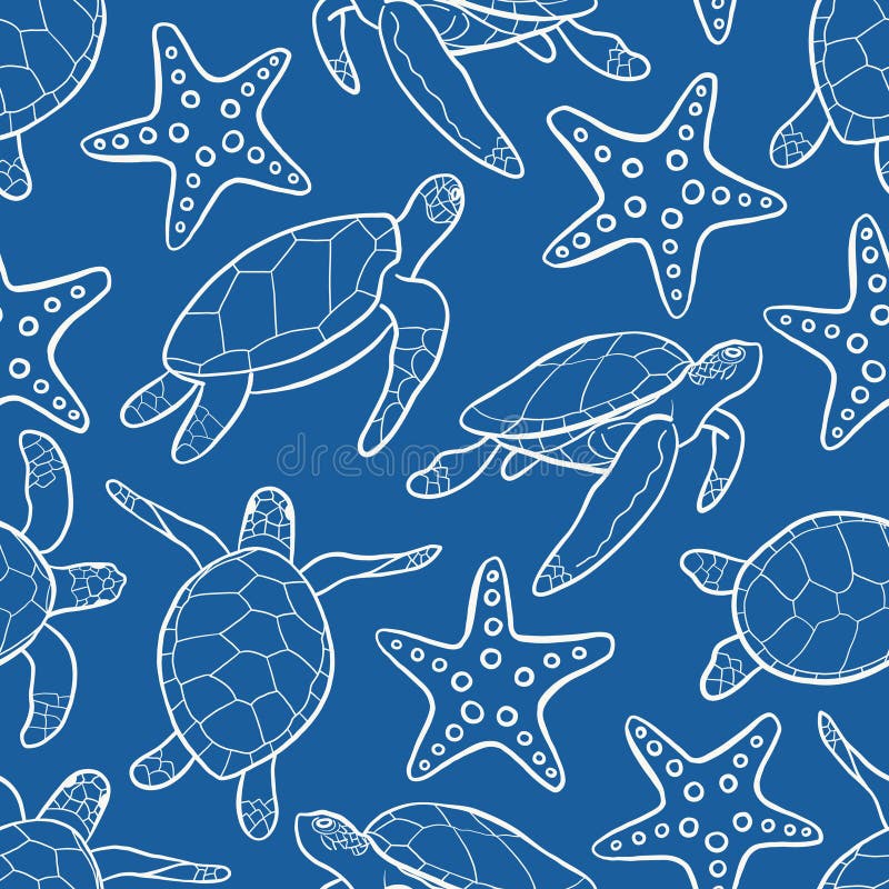 Sea Turtle Seamless Pattern on Blue Background Vector Stock ...